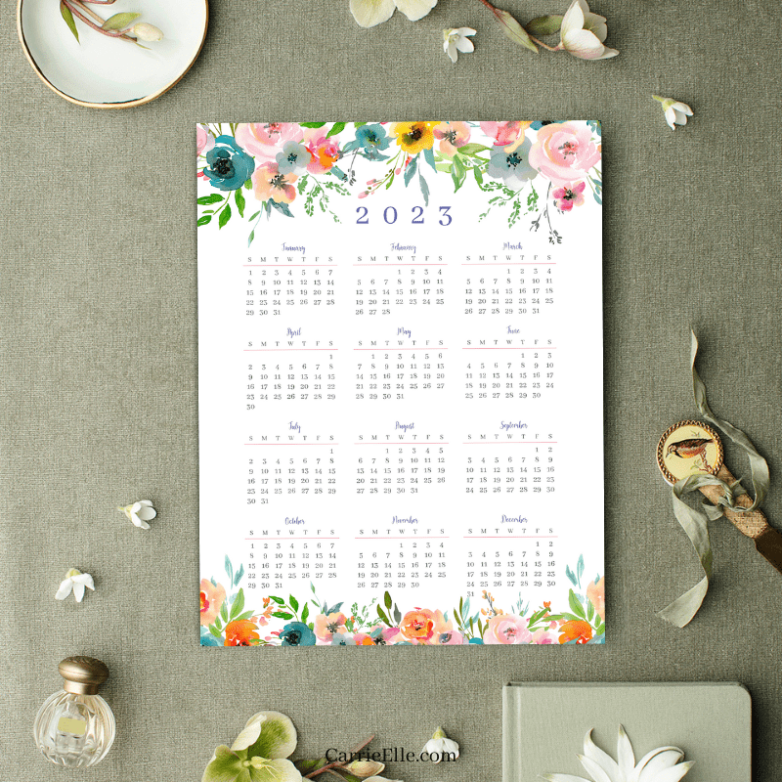 2023-Single-Page-Calendar-cute floral design - YesMissy