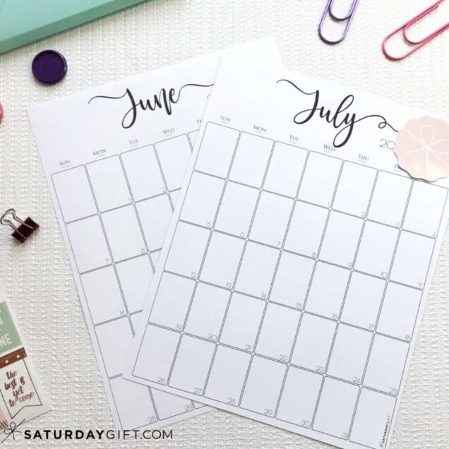 Printable-elegant-monthly-calendar-June-July-Black-White-SaturdayGift ...